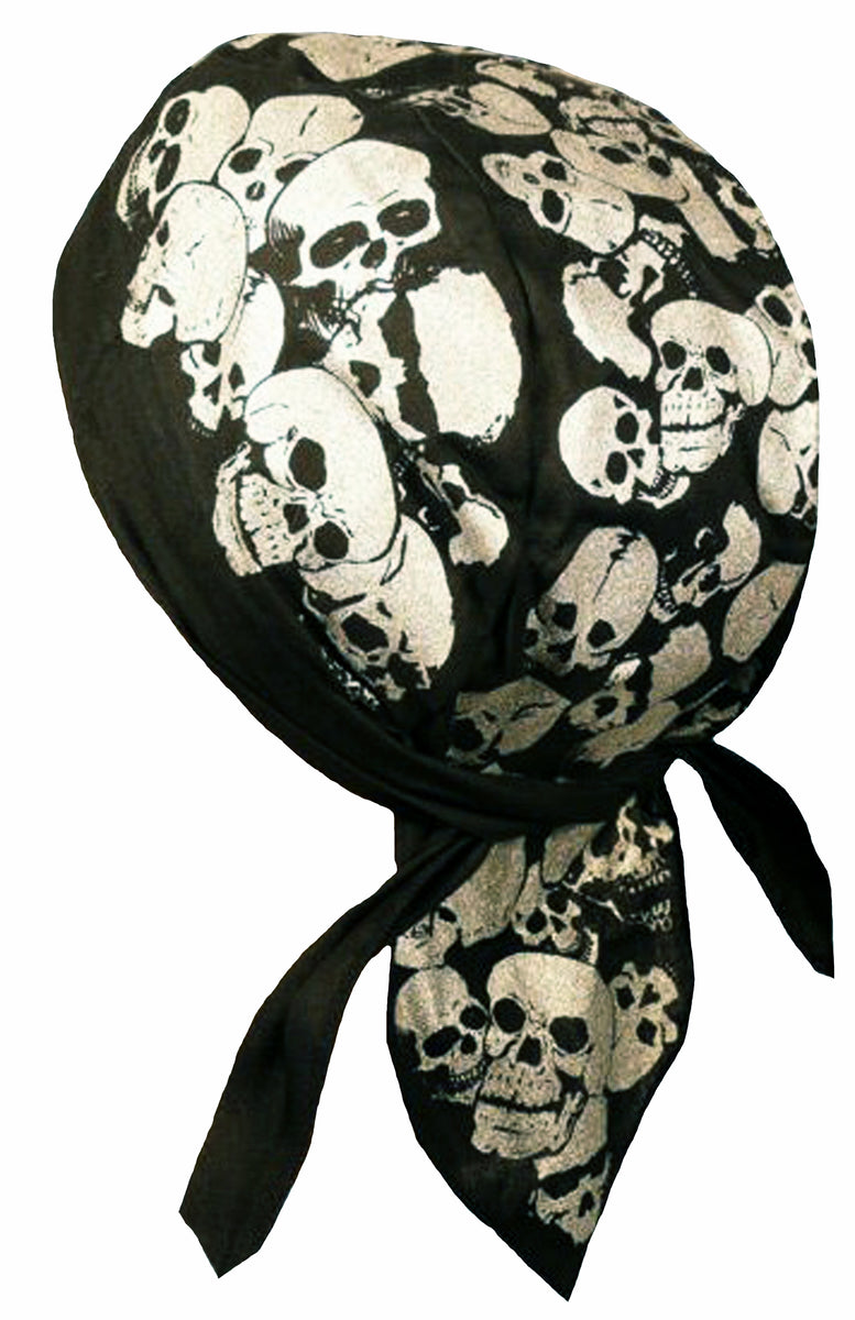 Skull Doo Rag Motorcycle Cap Skeleton Heads Silver And Black Skulls Bi