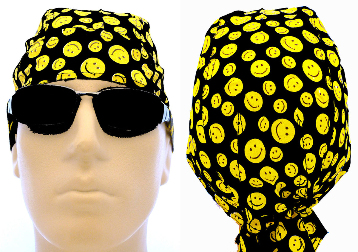 Fun Smiley Face Yellow and Black Happy Headwrap Doo Rag Durag Skull Ca ...