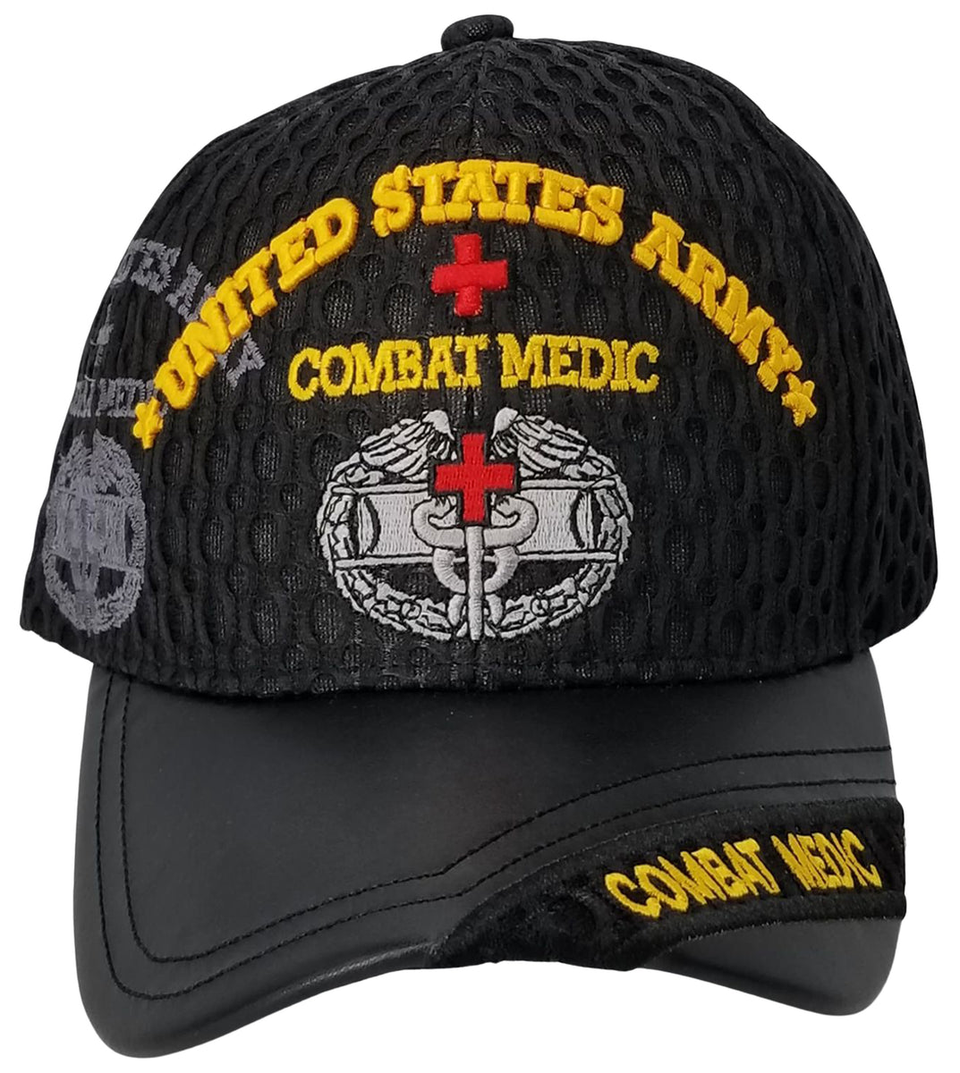 Army Medic Baseball Cap, Black U.S. Military Hat, Leather and Air Mesh ...
