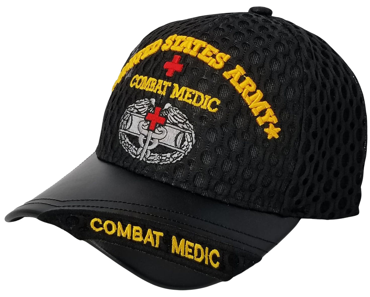 Army Medic Baseball Cap, Black U.S. Military Hat, Leather and Air Mesh ...