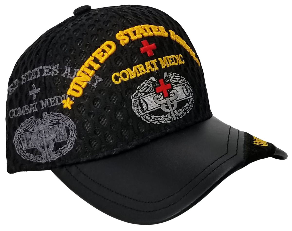 Army Medic Baseball Cap, Black U.S. Military Hat, Leather and Air Mesh ...