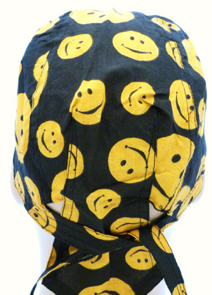 Smiley Face Yellow and Black Happy Headwrap Doo Rag Durag Skull Cap Co ...