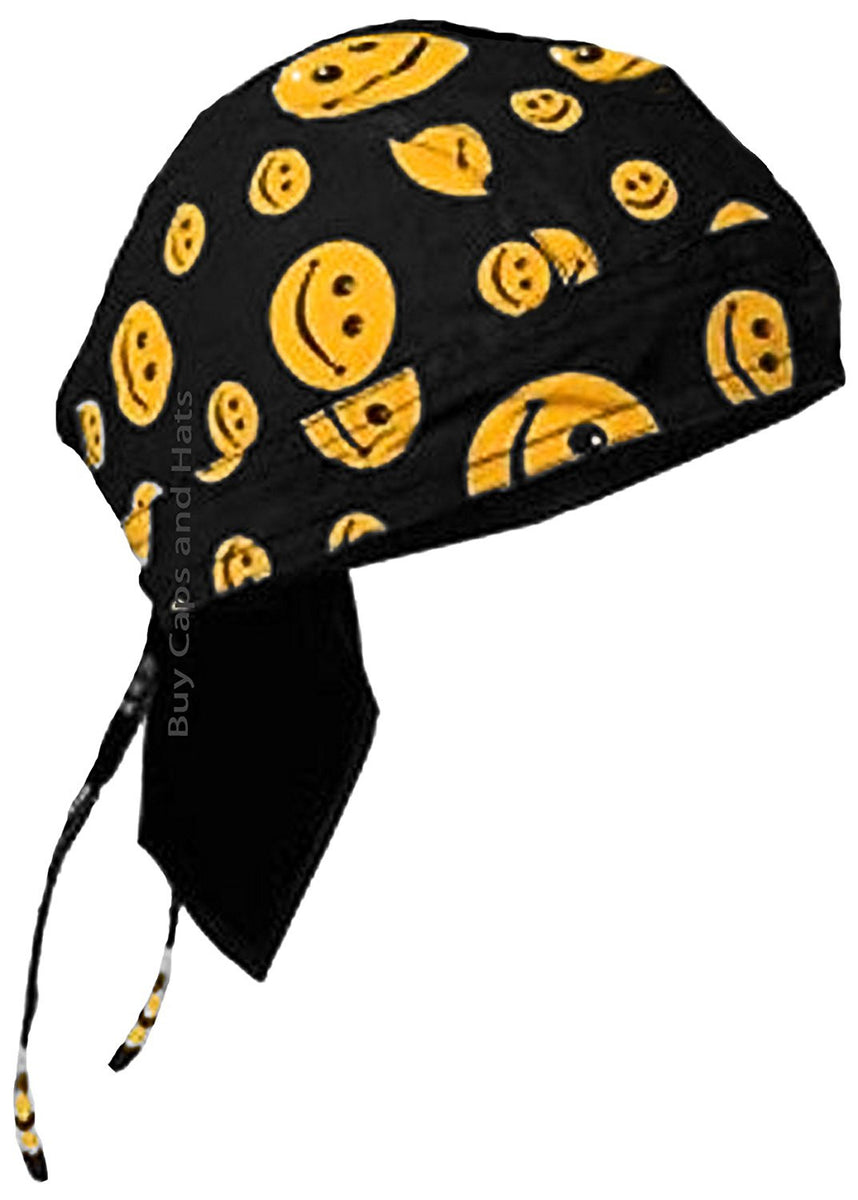 Smiley Face Yellow and Black Happy Headwrap Doo Rag Durag Skull Cap Co ...