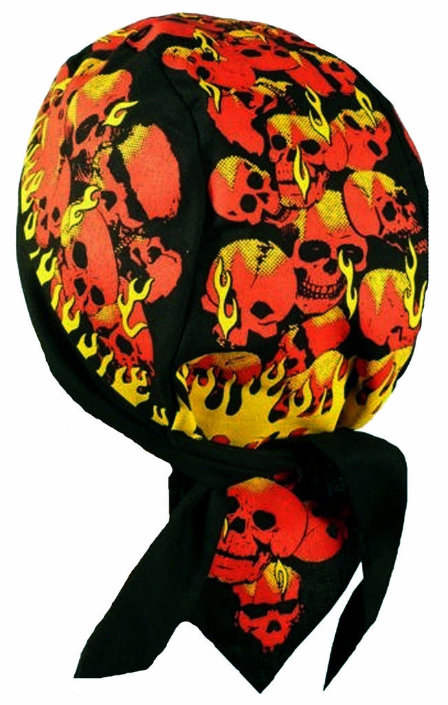 Skulls and Flames Doo Rag Hat MADE IN AMERICA Bandana Head Wrap Black ...